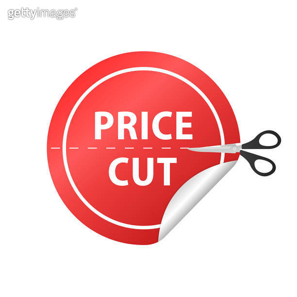 Red banner price cut. Scissors cutting sticker price. Price cut ...