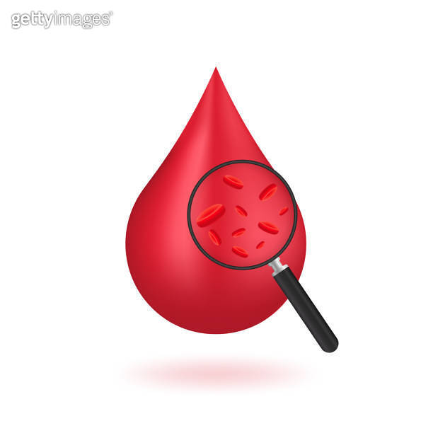 Red shiny blood drop isolated on white background. Hematology concept ...