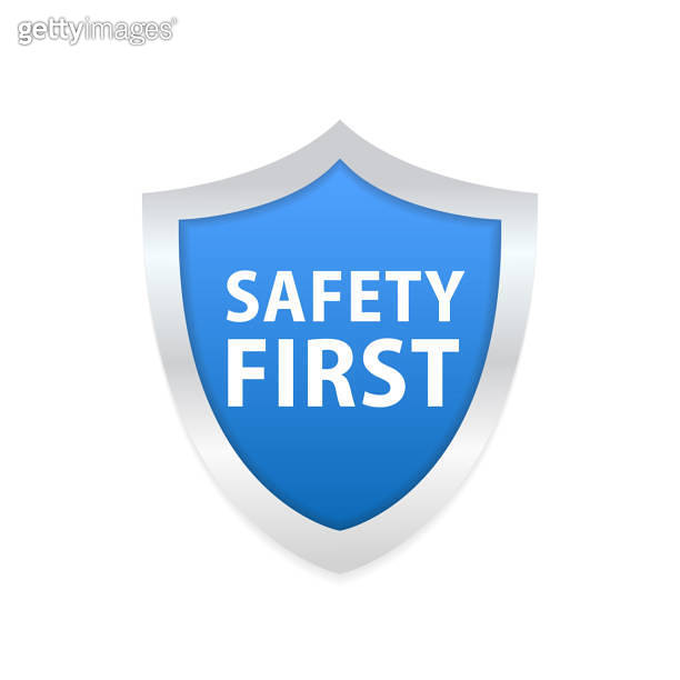 Safety First shield sign. Work safety, caution work hazards, danger ...