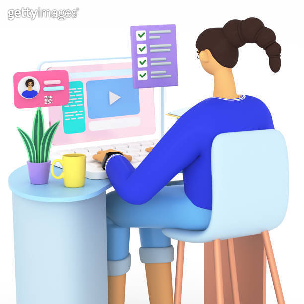 Young woman sitting at the computer and learning in online school ...