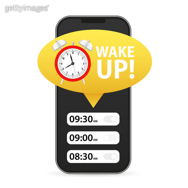 Alarm clock app on a mobile phone. Smart phone alarm clock. Wake up ...