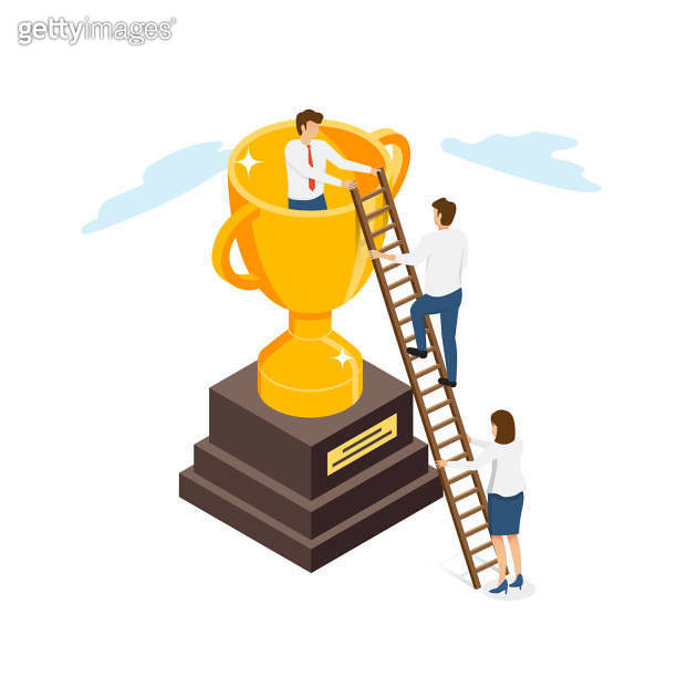 Isometric teamwork concept. colleagues to climb up ladder step on ...