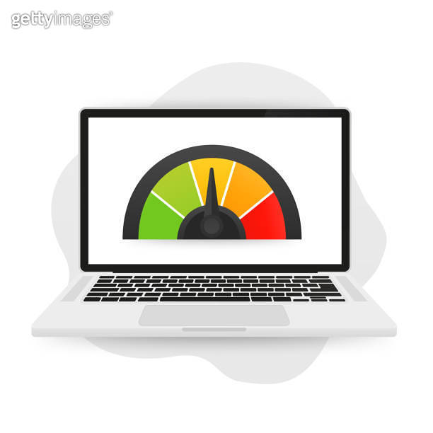 Scale of the speed test is shown on the screen of the laptop monitor ...