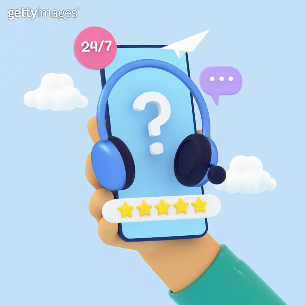 3D hand holding phone with headset and question mark. Customer self ...