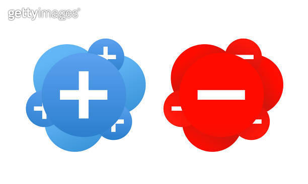 Set of plus and minus sign icons, buttons. Flat round positive and ...
