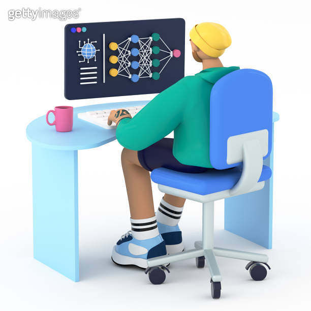 Scientist creating artificial intelligence, programming machine, learning neural network. Deep ...