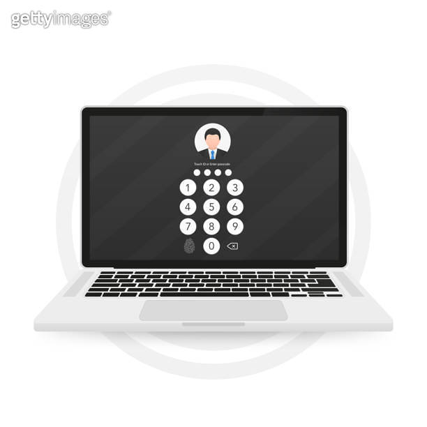 Entering the PIN code on the digital keyboard of the laptop touch ...