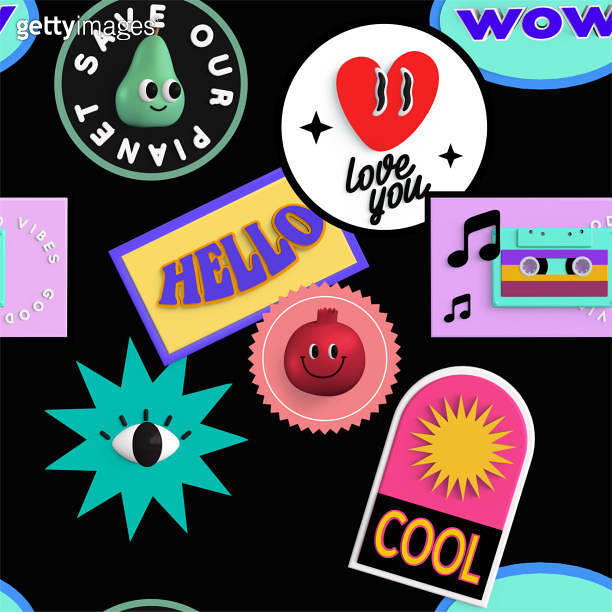 3d trendy retro stickers and groovy style seamless pattern. Pomegranate ...