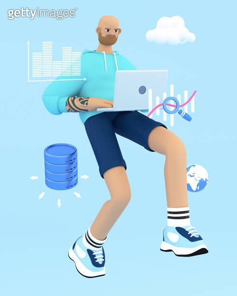 Man floating around big data analytics, graphics, databases. 3d rendering concept of data ...
