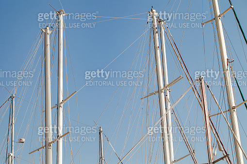 Masts tops and rope rigging accessory on yachts sailing vessels in the ...