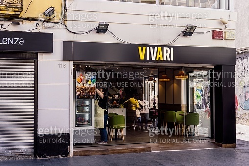 Logo on the front door of Vivari, Spanish chain of cafés and bakeries ...