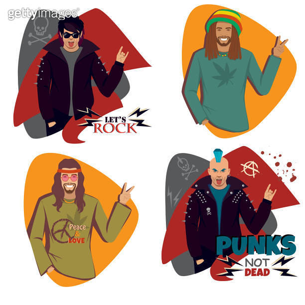 Set Of Different Subculture Punk Rocker Hippie Goth Emo Rastaman Person Flat Style