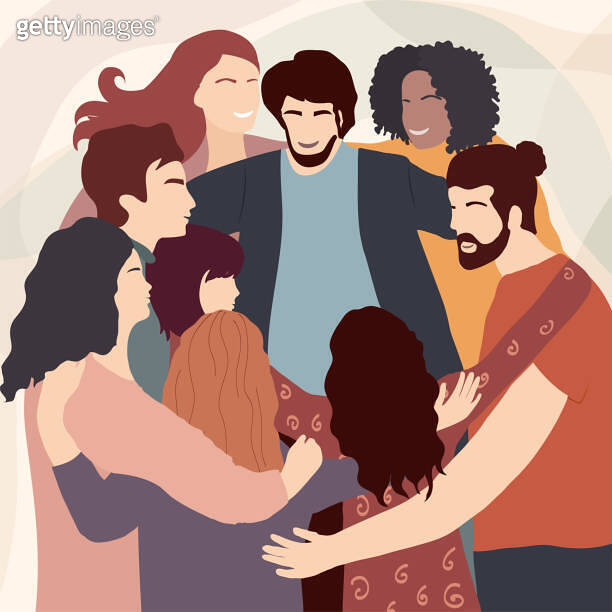 Group of people in circle from different cultures hugging each other ...