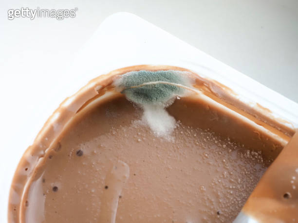 Moldy mold on chocolate pudding close up in a plastic container 이미지 ...
