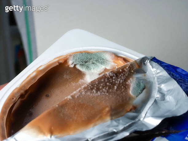 Moldy mold on chocolate pudding close up in a plastic container 이미지 ...