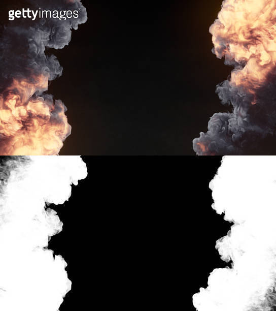 Giant fire explosions. Dark smoke trails isolated on black background ...
