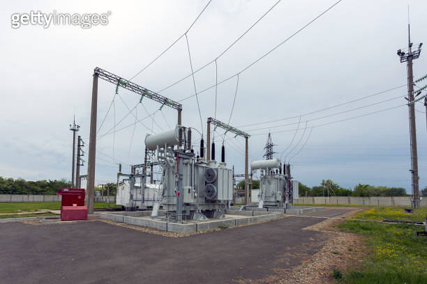 Power transformer at high voltage distribution station in modern ...