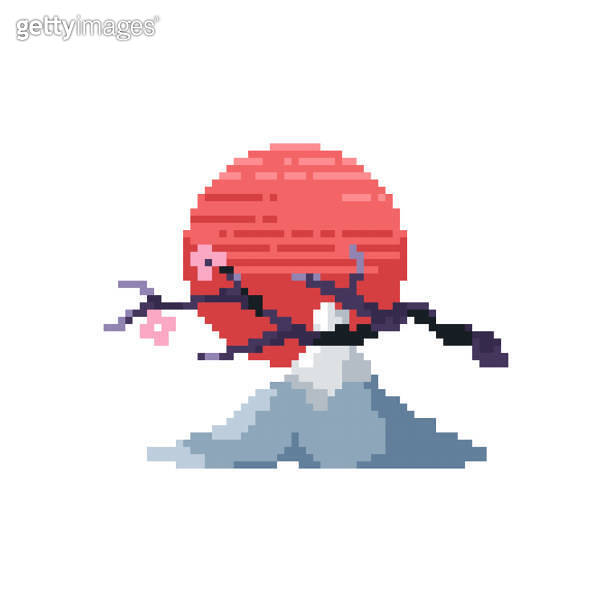 Pixel art Fuji mountain icon. Vector 8 bit style illustration of ...