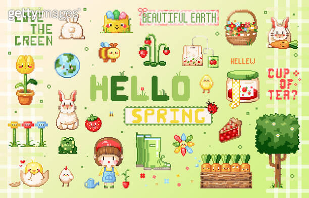 Pixel art Cute spring easter set. 8 bit video game assets, elements and ...