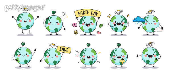 Cute baby planet earth set. Mascot Earth icons with faces. Collection ...