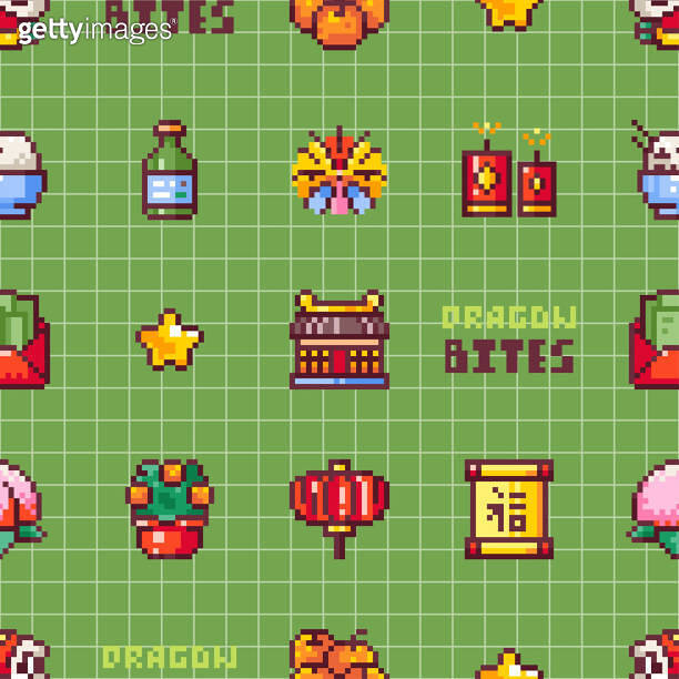 Chinese New Year Pixel Art Seamless Pattern. Bottle, Fireworks, Orange ...