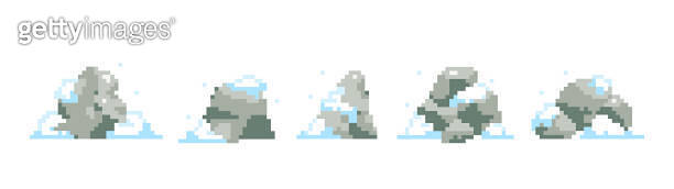 Snowy rocks set in pixel art style. 8 bit retro patterns on rocks with ...