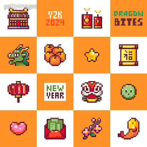 Chinese New Year Pixel Art Seamless Pattern. Temple, Blessing scroll ...