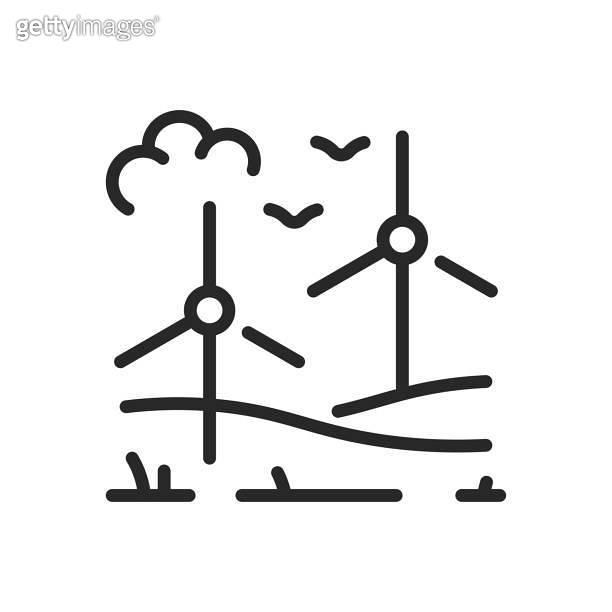 Scenic Windmill View Icon. Vector Outline Editable Sign of Wind ...