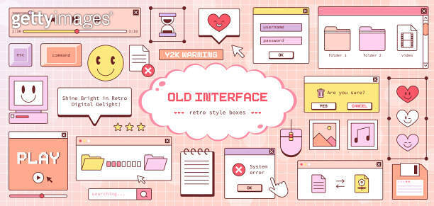 Mega Collection Pack of Y2K Old PC Computer Elements. Retro Pink Orange ...