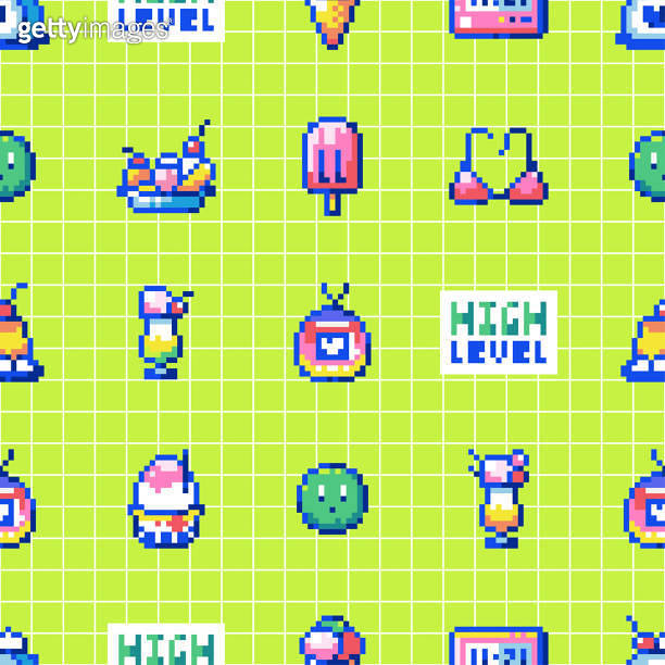 Y2K Pixel Seamless Summer Gamer Pattern with 8 Bit Bikinis, Beach ...