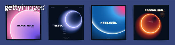 Set of Neon Gradient Rings on Dark Space Square Background. Futuristic ...