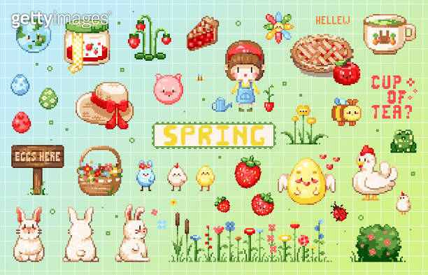 Spring pixel art set. 8 bit elements of spring and Easter for game ...
