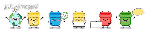 Waste recycling mascot set. Cute waste and garbage bins with text ...