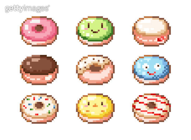 8 bit pixel donuts set. Vector retro video game collection of colorful ...