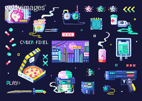 Set of cyberpunk icons. 8bit pixel art cyborg, electronics, food and ...
