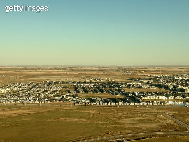 Aerial views of the growing suburbs on the outskirts of Calgary ...