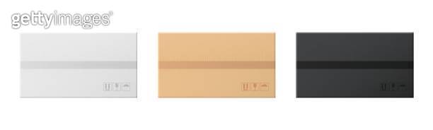 Realistic closed rectangle cardboard box set. Top view. White, brown ...