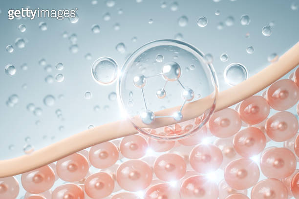 Liquid Bubble Oil with Molecule drop on skin cell.serum through the ...