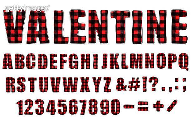 Valentine trendy alphabet. Hand drawn doodle font with Tartan plaid in ...
