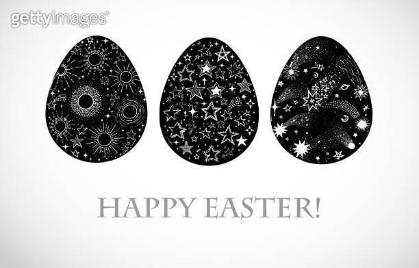 Easter greeting card with space elements in big egg. Vector ...