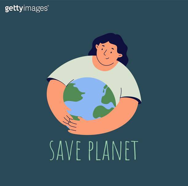 Save the planet. Woman hugs Earth with care. Environment protection ...