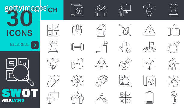 SWOT Icons set. 30 editable stroke vector graphic elements, Business ...