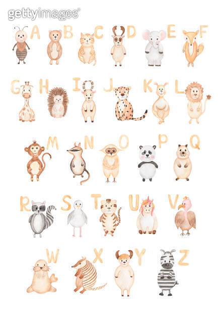 Watercolor hand painted english animal alphabet. Modern trendy ...