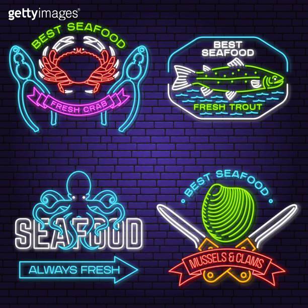 Fresh mussels and clams, octopus, trout, dressed crab neon sign. Vector ...