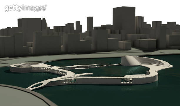 3D model high angle view of a modern floating pavilion building in a ...