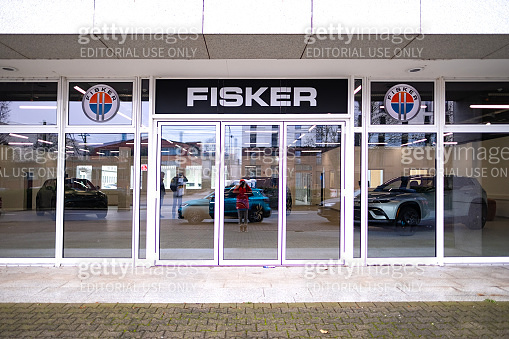 Advertising banners of Fisker, showroom Fisker Automotive Sales Office ...