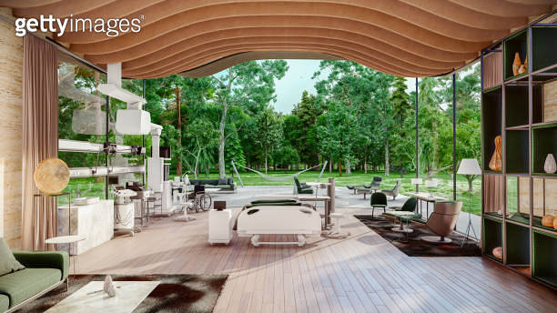 Render of a luxurious hospital room with an incredible view to nature ...