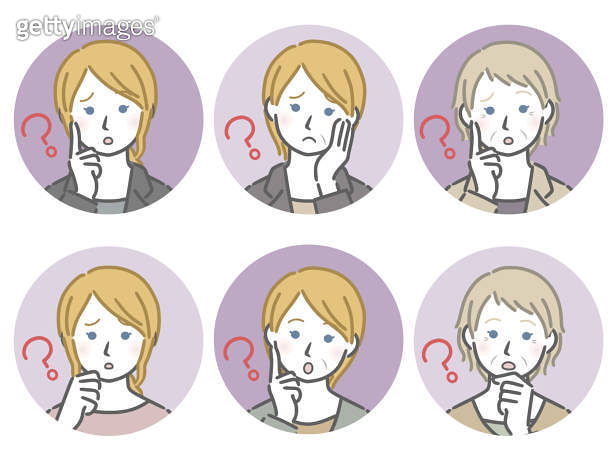 Caucasian female round icon set with questioning expression 이미지 ...