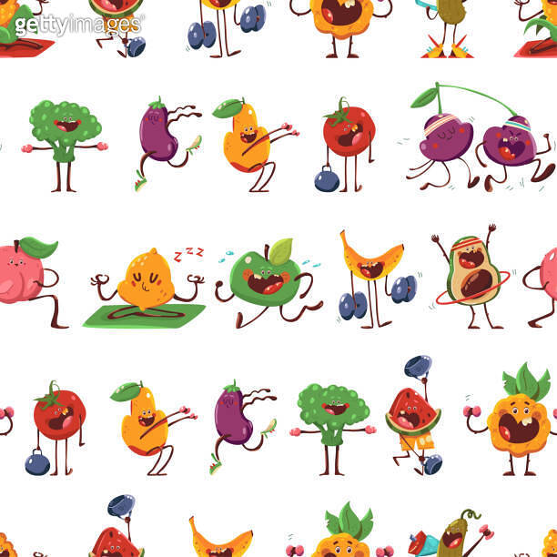 Fruits and vegetables doing fitness exercises vector cartoon seamless ...