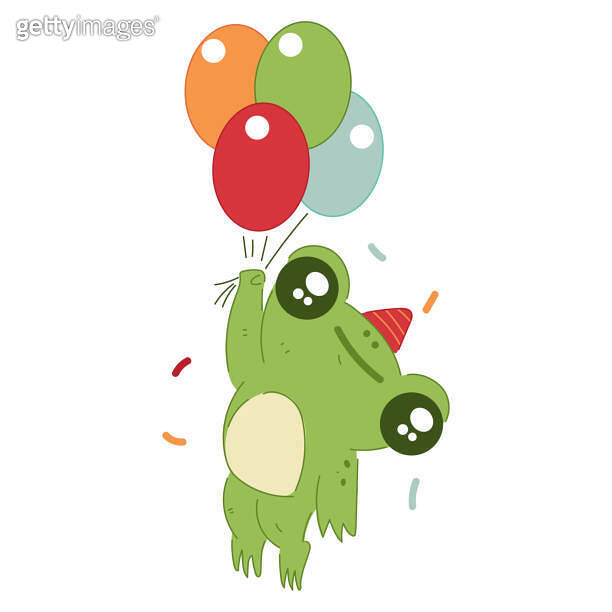 Cute little frog flying with balloons vector cartoon illustration ...